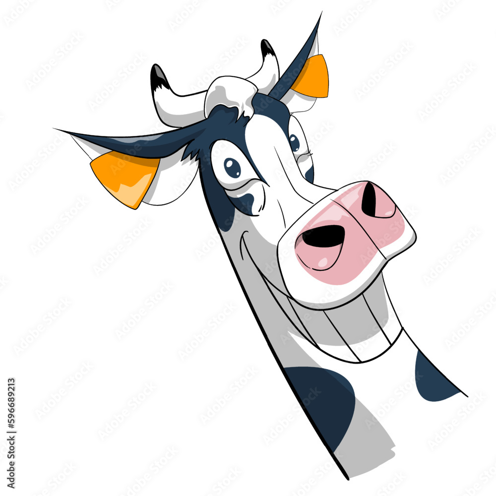 Isolated crooked smiling cow head very nice cute dairy cow with horns ...