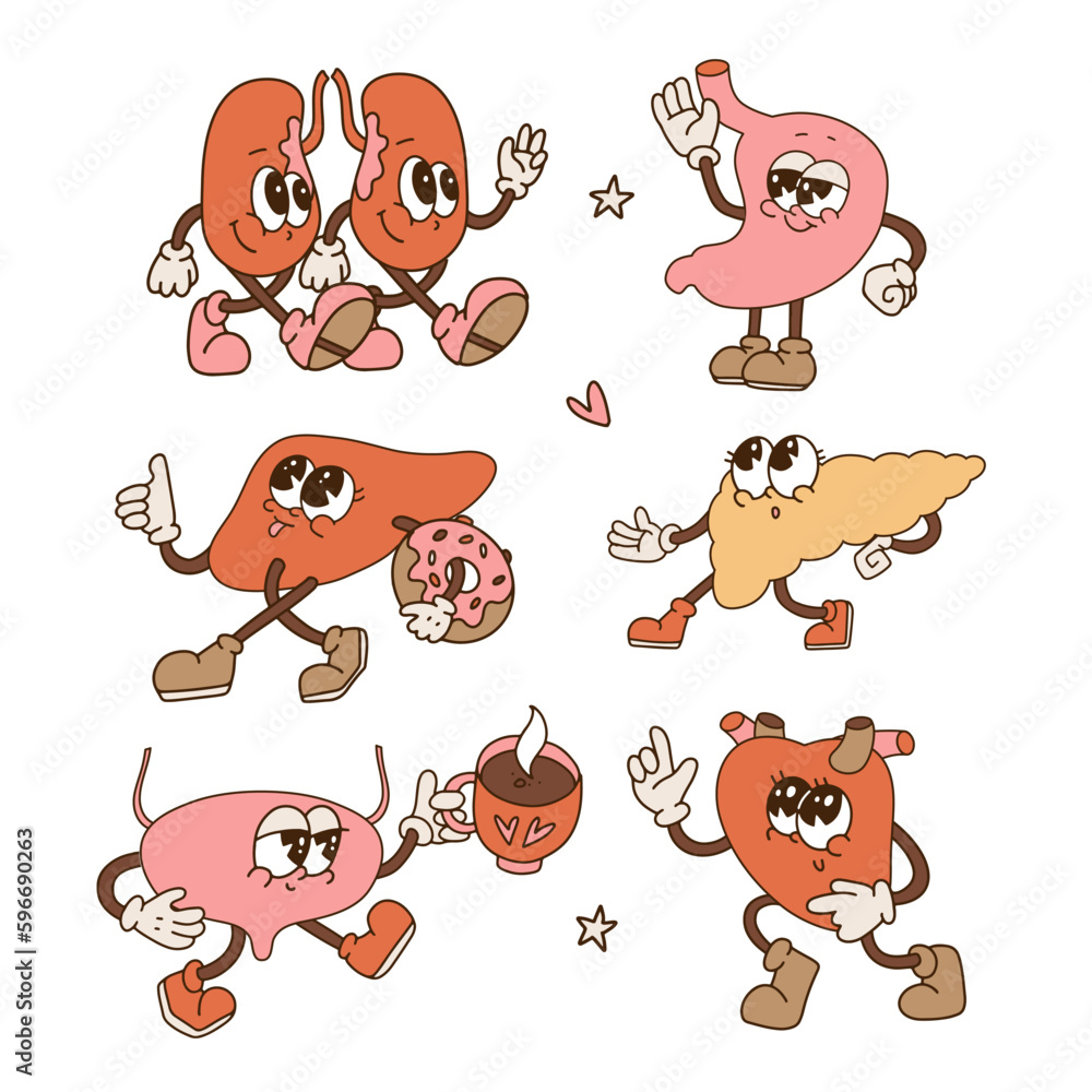 Retro cartoon style internal organs characters set. Groovy vintage ...