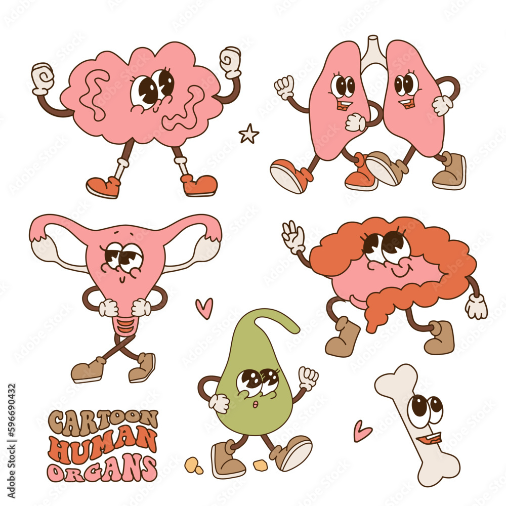 Cute smiling human healthy strong organ chsracters set. Vector retro ...