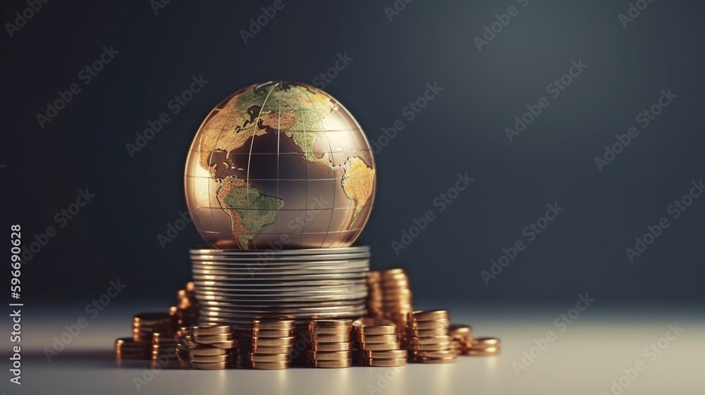 featuring a globe and coin stack. The world is fueled by money. AI ...