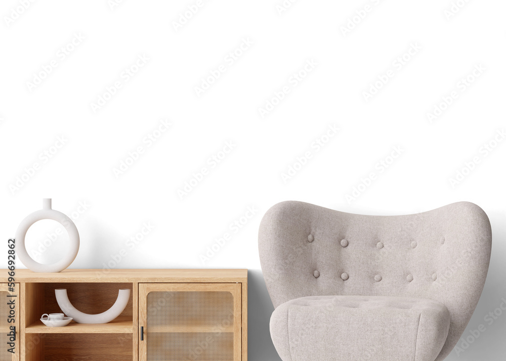 Wallpaper presentation mock up. Furniture and details on transparent ...