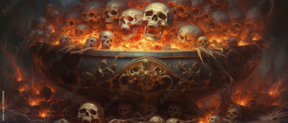 Surreal pile of nightmarish skulls and burning bones in hell, death and ...
