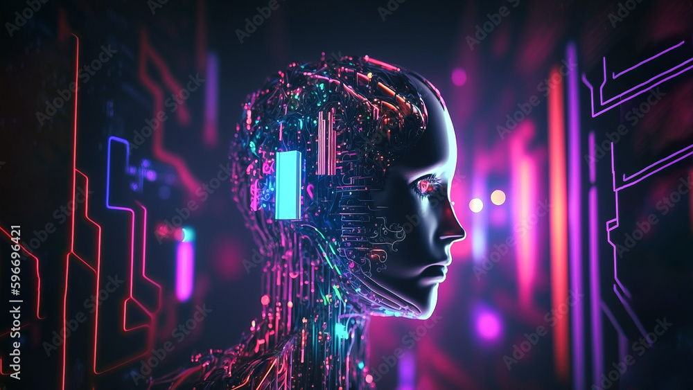 humanoid head as artificial intelligence (ai) in vibrant neon colors ...