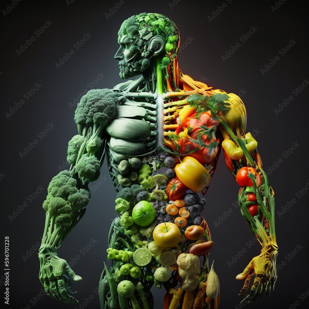 Ai surreal picture of a male human body made up of fruits and ...