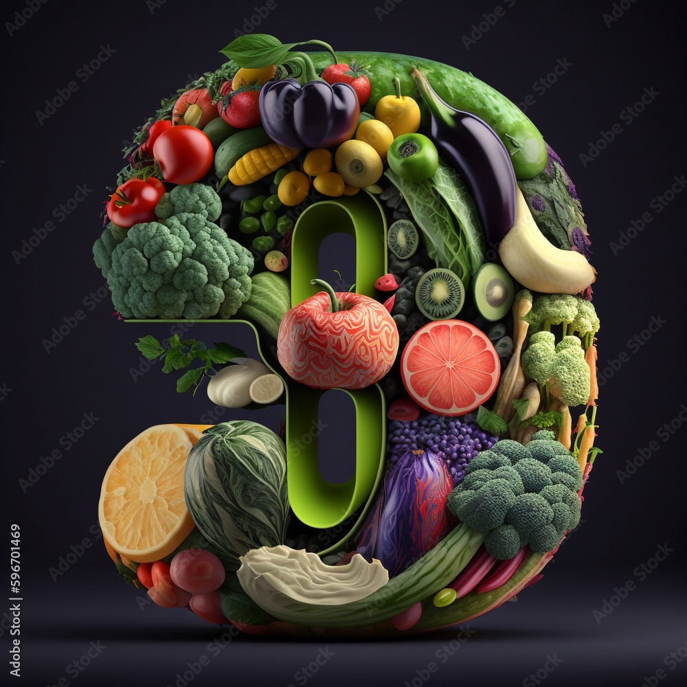 Ai generated number nine made of fruits and vegetables. 3D Render green ...