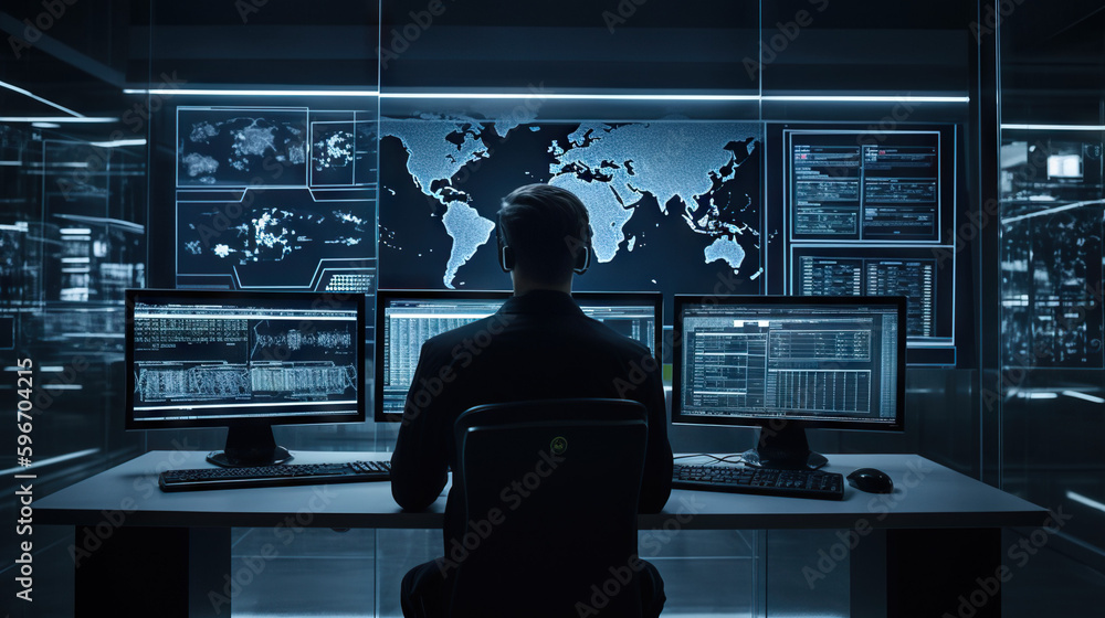 Security Analyst in Front of Large Computer Workspace With Multiple ...