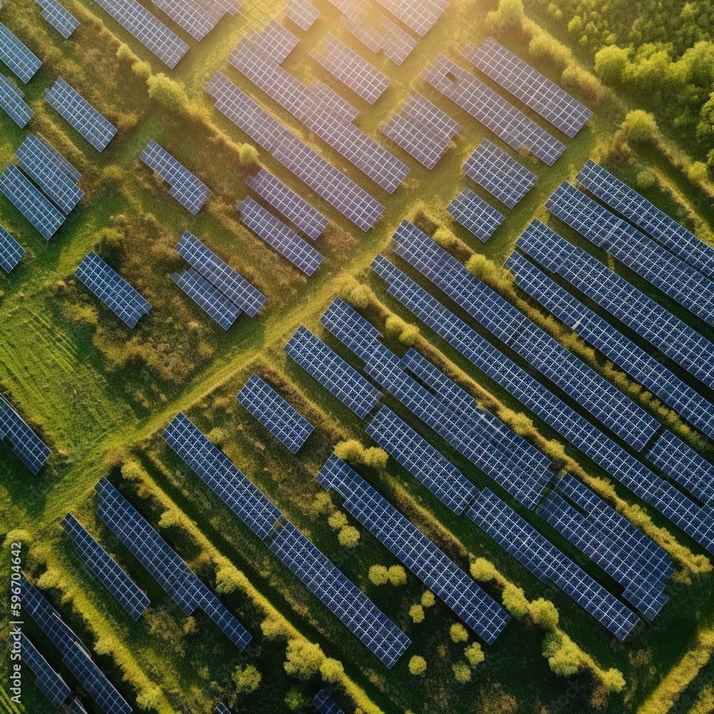 Aerial image of solar farm panels, an array of polycrystalline silicon ...