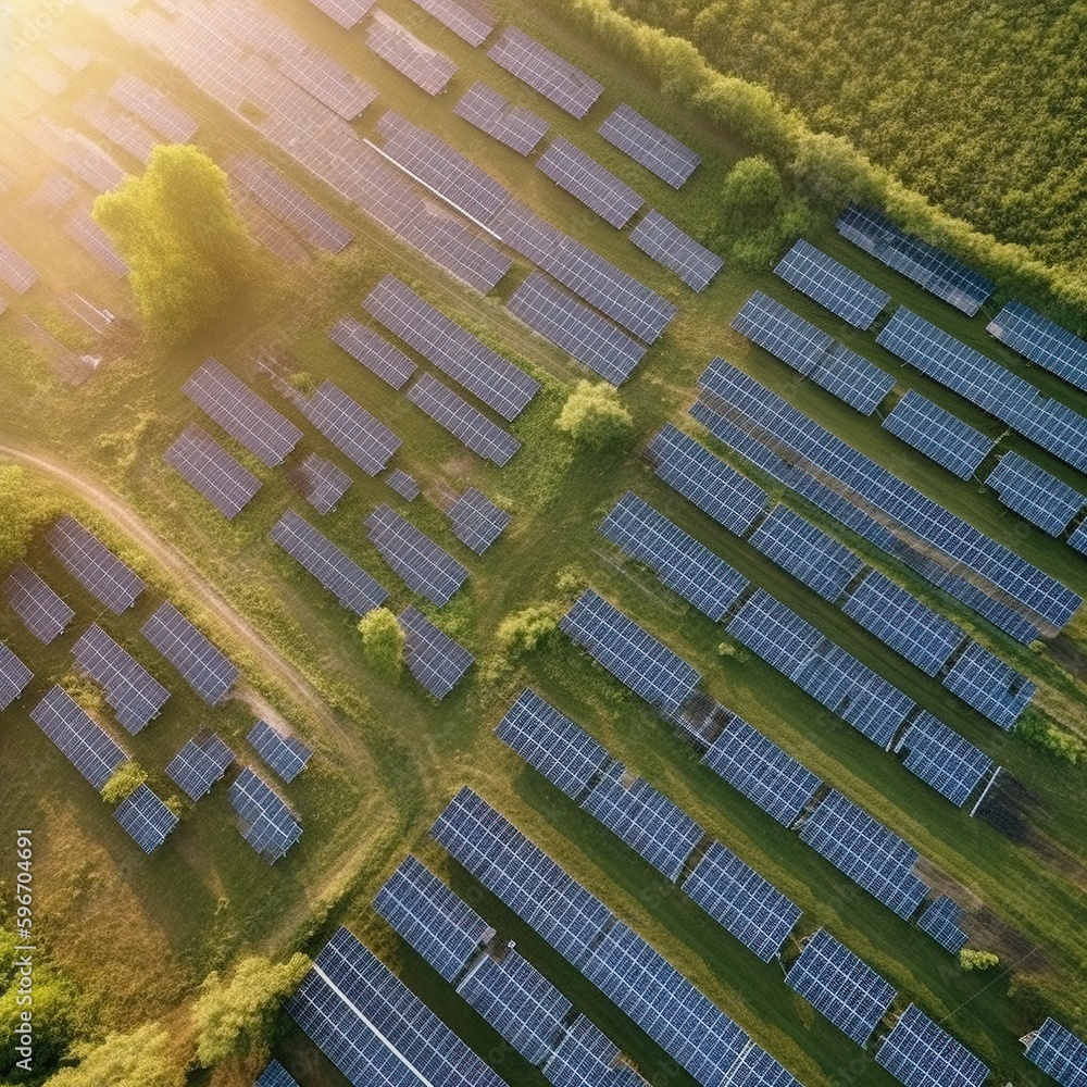 Solar farm panels in aerial view, rows array of polycrystalline silicon ...