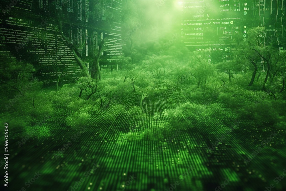 Green technology background with falling binary code and programming ...