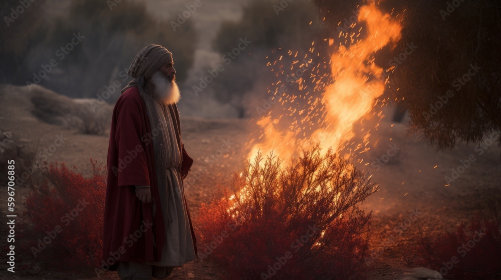 Moses and the burning bush. The sacred flame. Generative AI. Stock ...