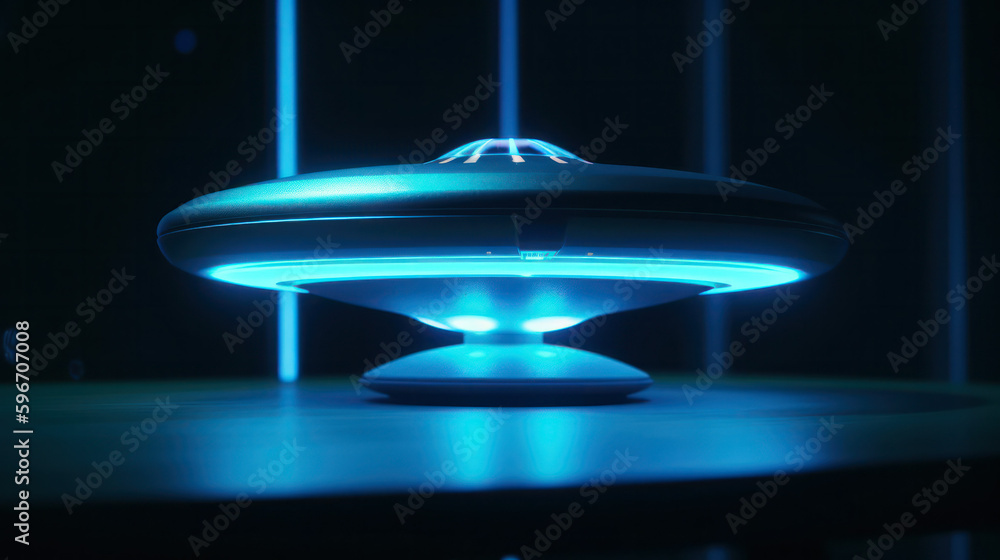 UFO, alien spaceships with blue beam of light, smoke and sparkles ...