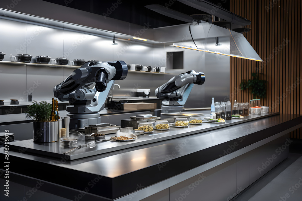 Robots assistance cooking food at the restaurant. Artificial ...