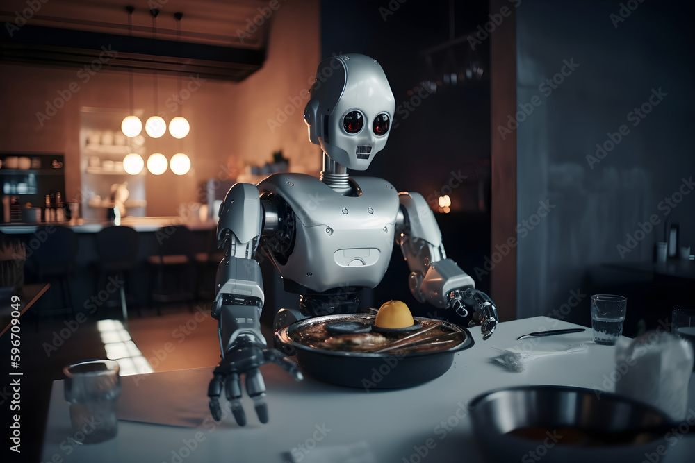 Robot cleaning the food from the table in the restaurant. Artificial ...