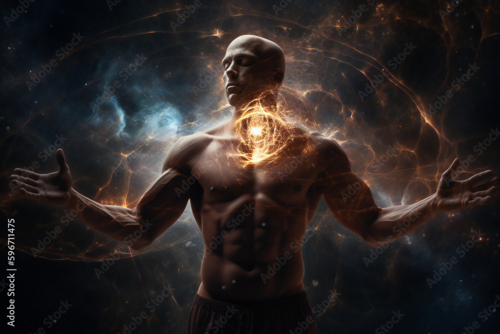 Man handling and harnessing the power of the universe or the interior ...