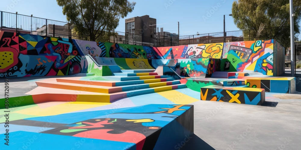 ภาพประกอบสต็อก A skate park adorned with vibrant murals, fusing urban ...