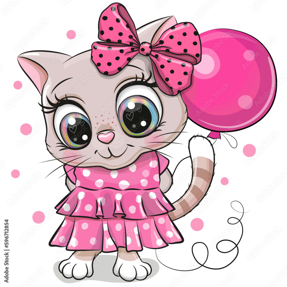 Cute Cartoon Kitty girl with balloon on a white background Stock Vector ...