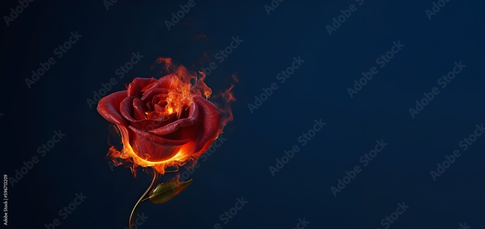 Burning red rose in fire on a blue background with copy space ...
