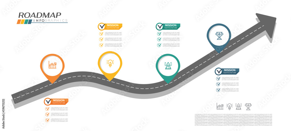Roadmap infographic 4 steps timeline concept. Winding road. Vector ...