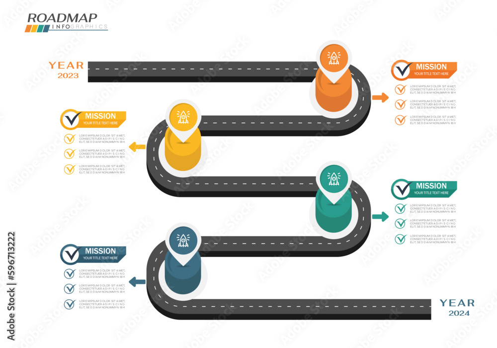 Roadmap infographic 4 steps timeline concept. Winding road. Vector ...