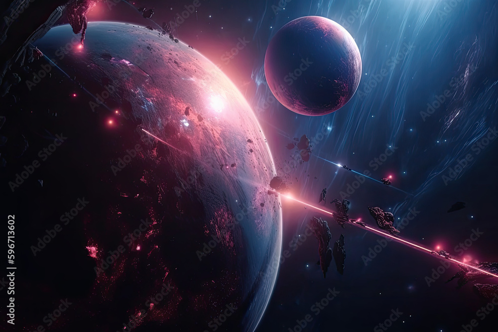 Pink Planets in space. Spiral galaxy in deep space. Solar system ...