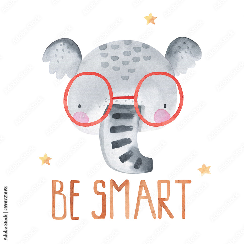 Watercolor illustration of a cute elephant with round glasses and ...