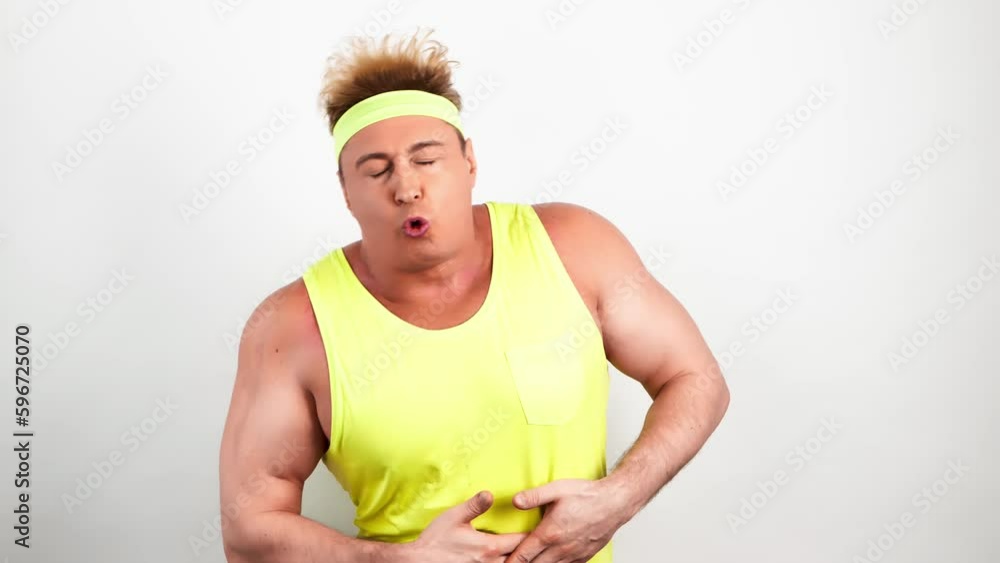 Sick, belly pain, sports man and stomach ache, overtraining, muscle ...