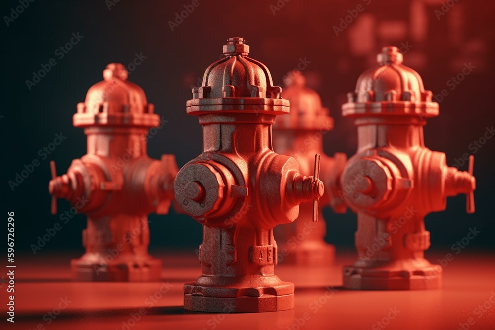 3D illustration of fire hydrants in red against a blueprint background ...
