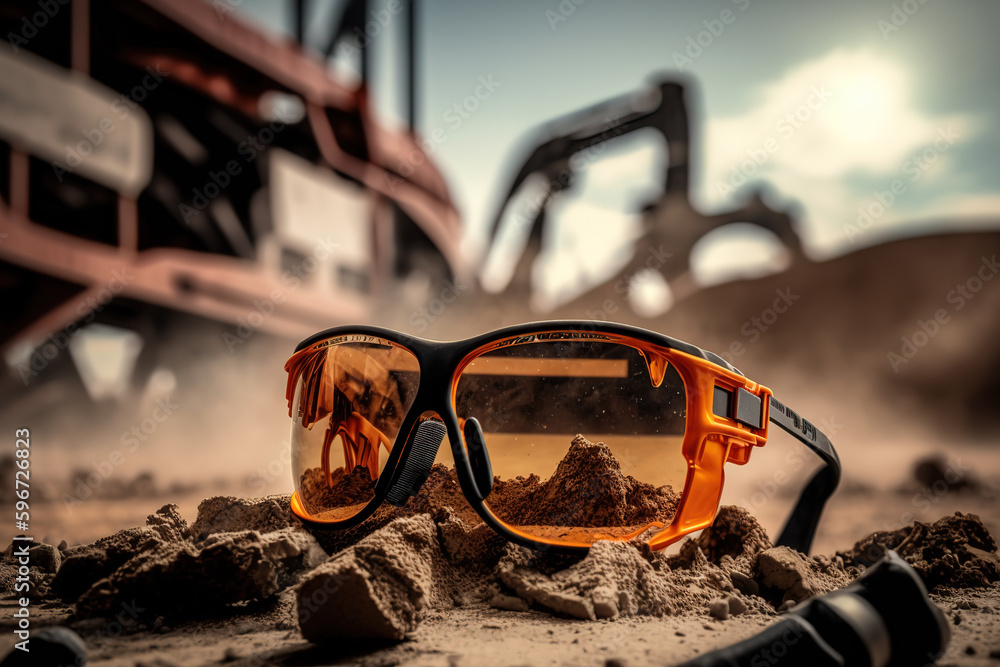 A safety eyeglasses for construction worker which is placed on ground ...