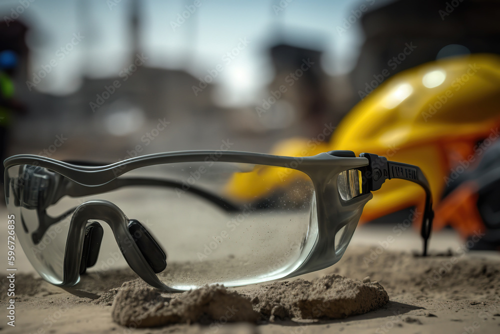 A safety eyeglasses for construction worker which is placed on ground ...