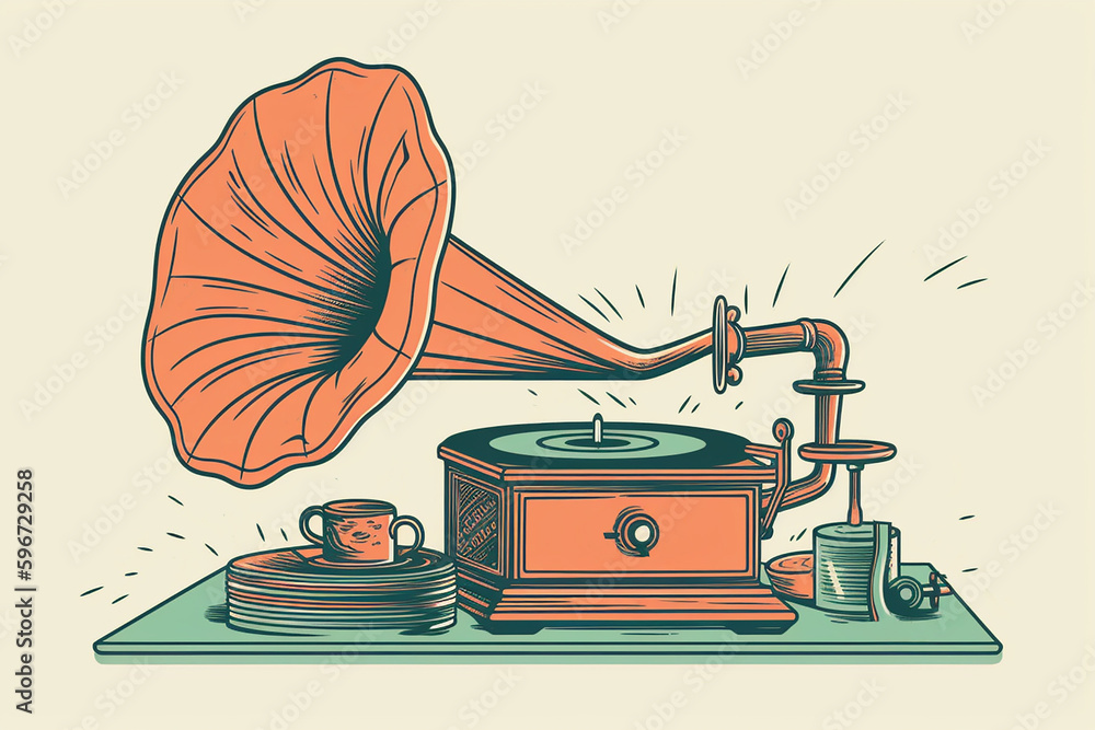 Gramophone one line color art. instrument. Stock Illustration | Adobe Stock