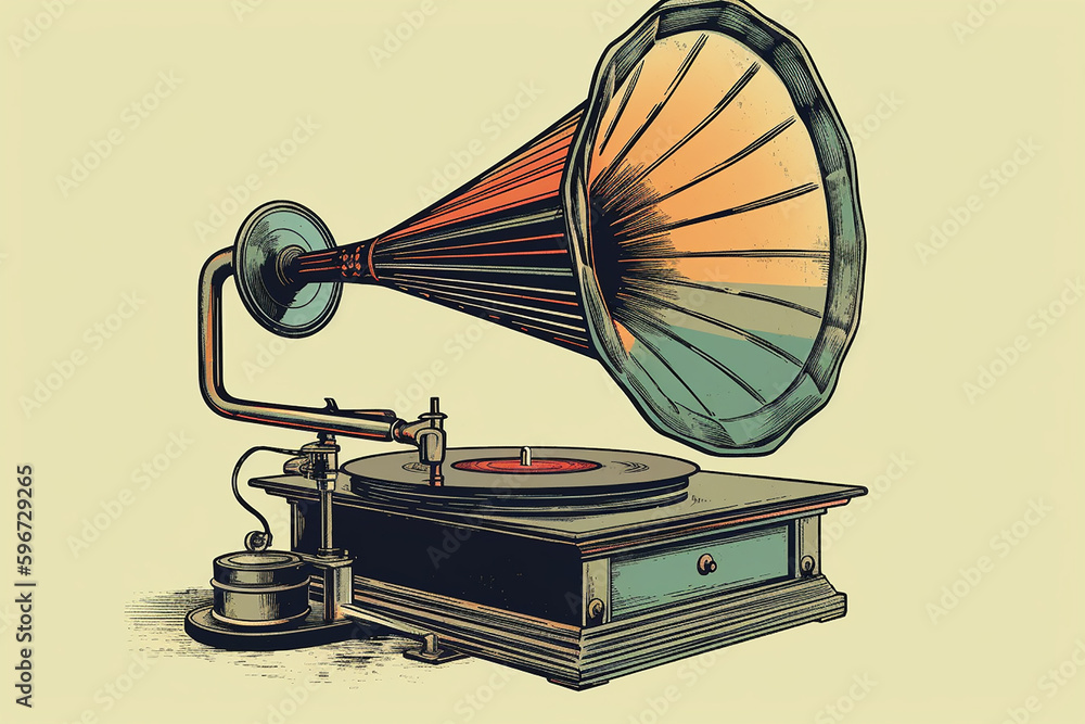 Gramophone one line color art. instrument. Stock Illustration | Adobe Stock