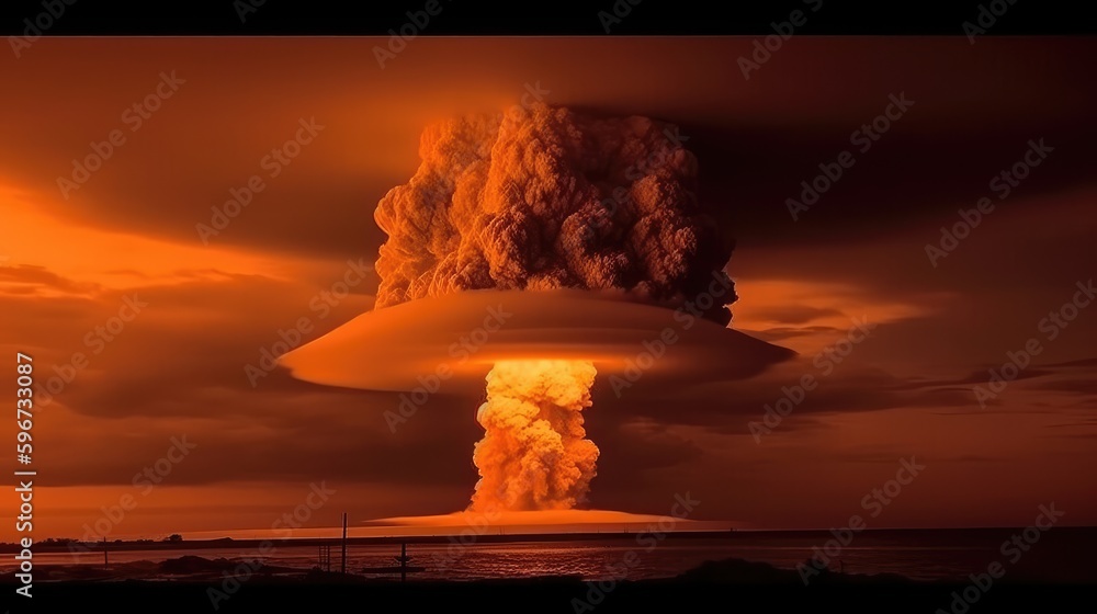 Nuclear explosion. Atom bomb explosion and mushroom cloud exploding. AI ...