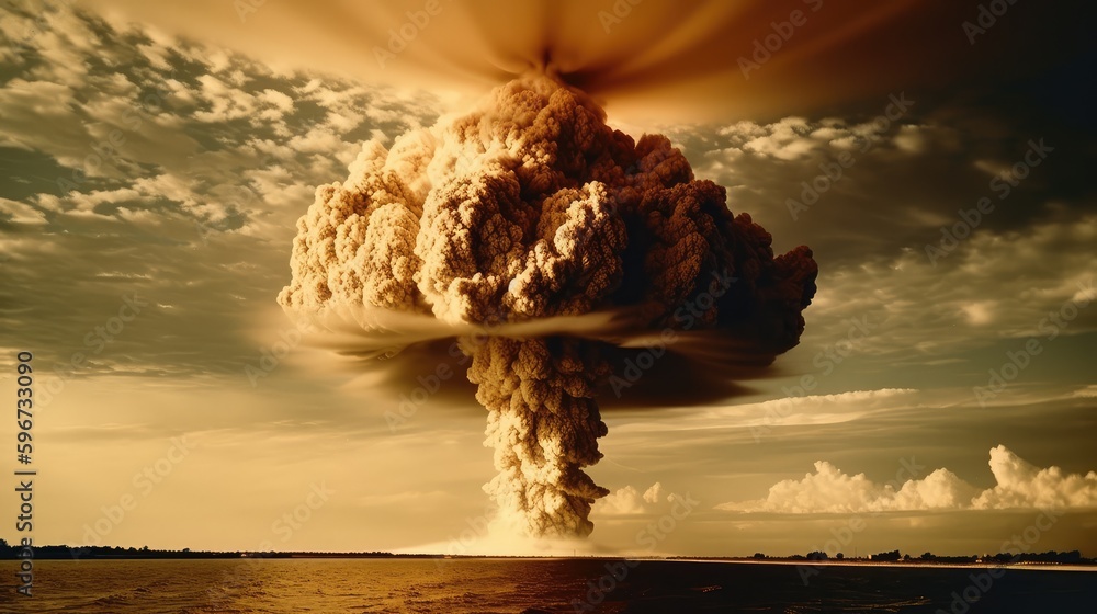 Nuclear explosion in an outdoor setting, atomic bomb explosion. Symbol ...