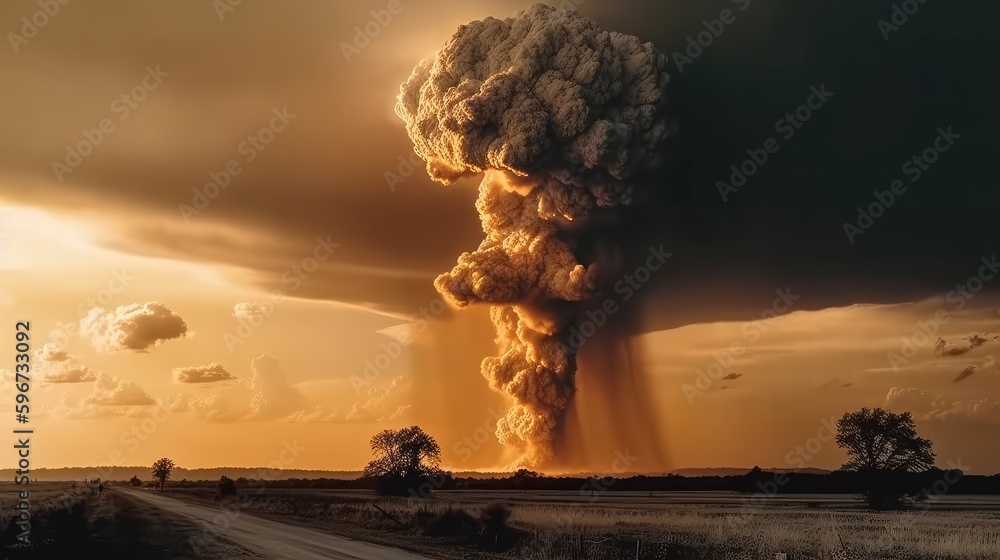 Nuclear explosion in an outdoor setting, atomic bomb explosion. Symbol ...