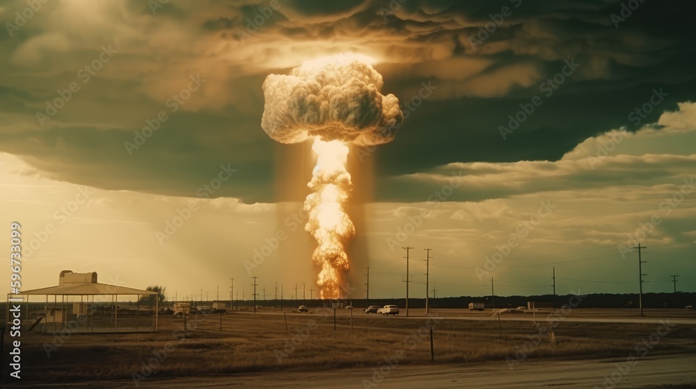 Nuclear explosion in an outdoor setting, atomic bomb explosion. Symbol ...