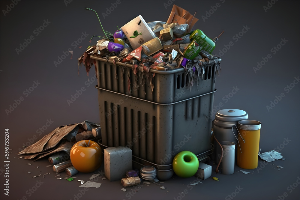 Container full of unsorted garbage. Various dirty objects are scattered ...