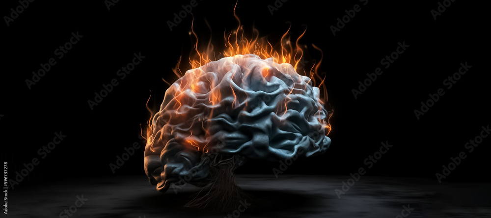 A 3D model of a brain was burning on fire, with flames and sparks in ...