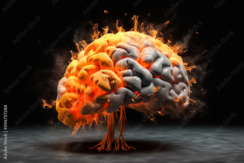 The 3D model of a brain was set ablaze like a bomb exploding on a black ...