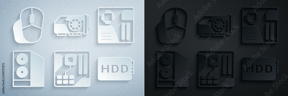 Set Motherboard digital chip, Case of computer, Hard disk drive HDD, Video graphic card and ...