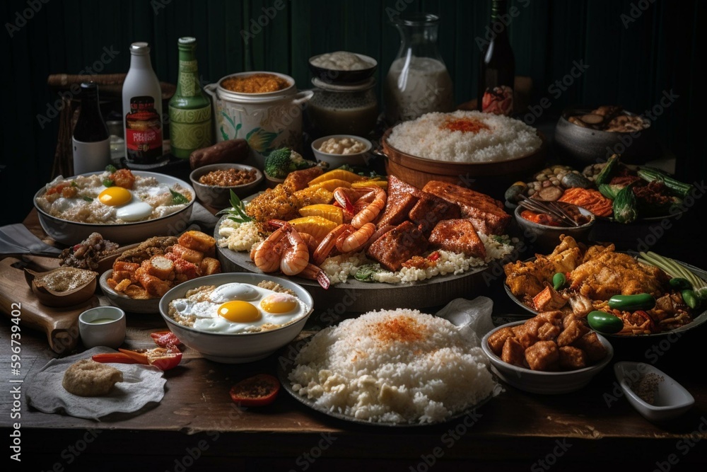 Filipino feast with white rice, shrimps, pork, lumpia, egg dishes ...