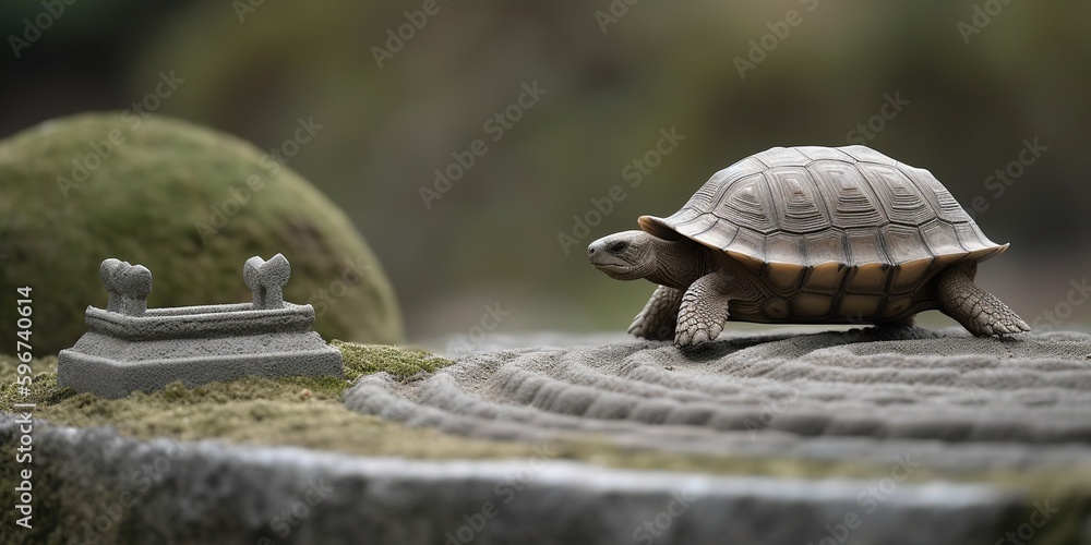 Wise old tortoise carrying a miniature zen garden on its shell, against ...