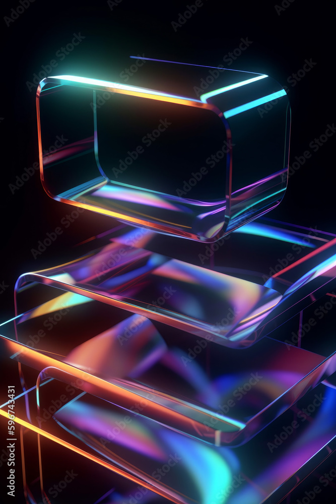 Abstract 3d neon glass shapes overlapping with shimmering light ...