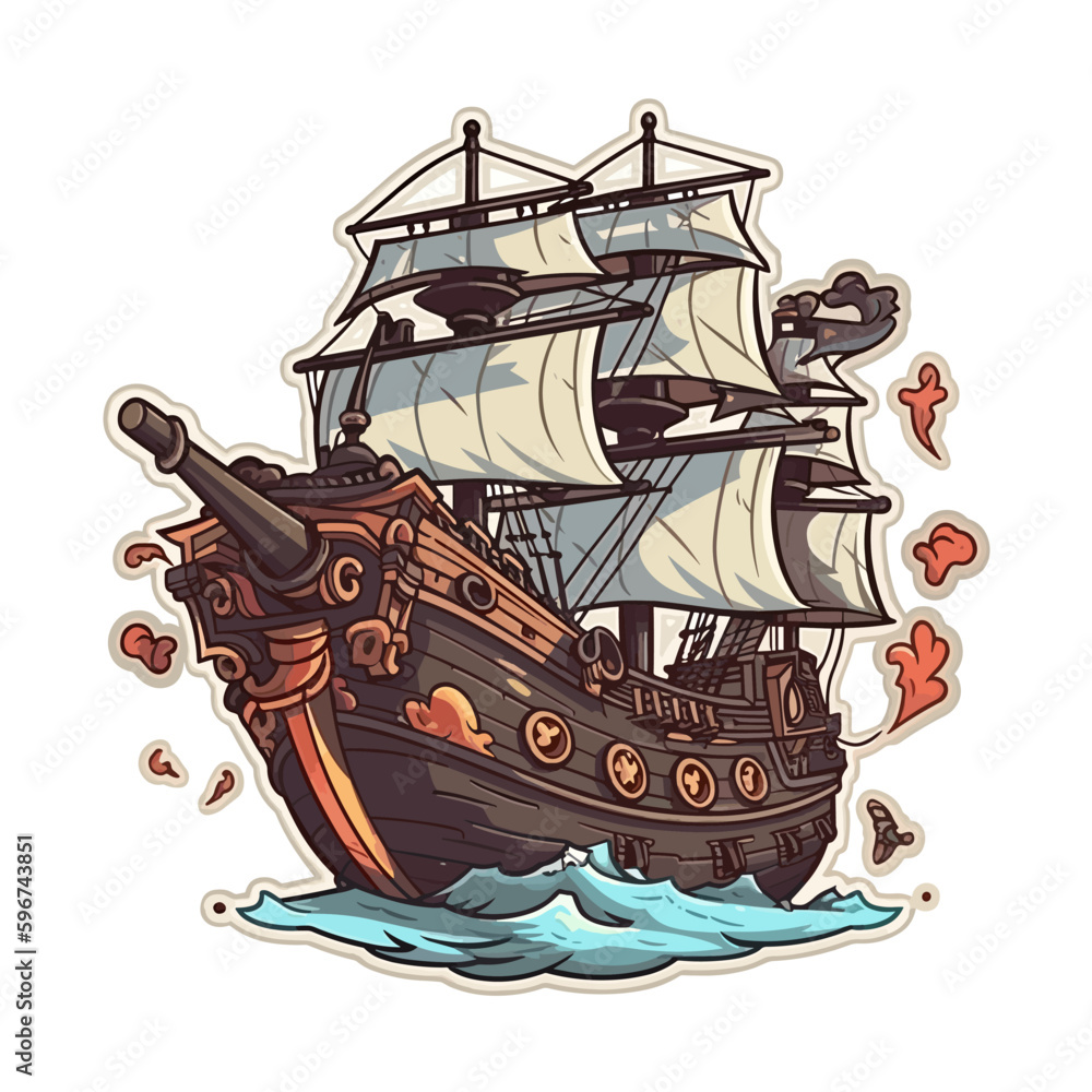 An old medieval sailing ship. A pirate ship sails into rough seas. The ...