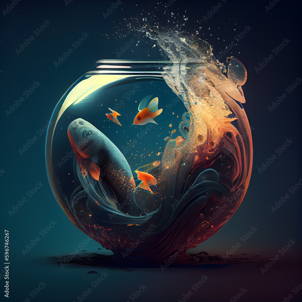 Goldfish in a round glass aquarium with water splash. 3d rendering ...