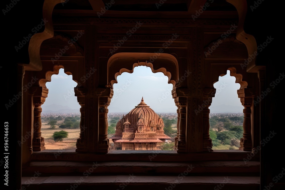 window, with view of hindu temple, showcasing the beauty and grandeur ...