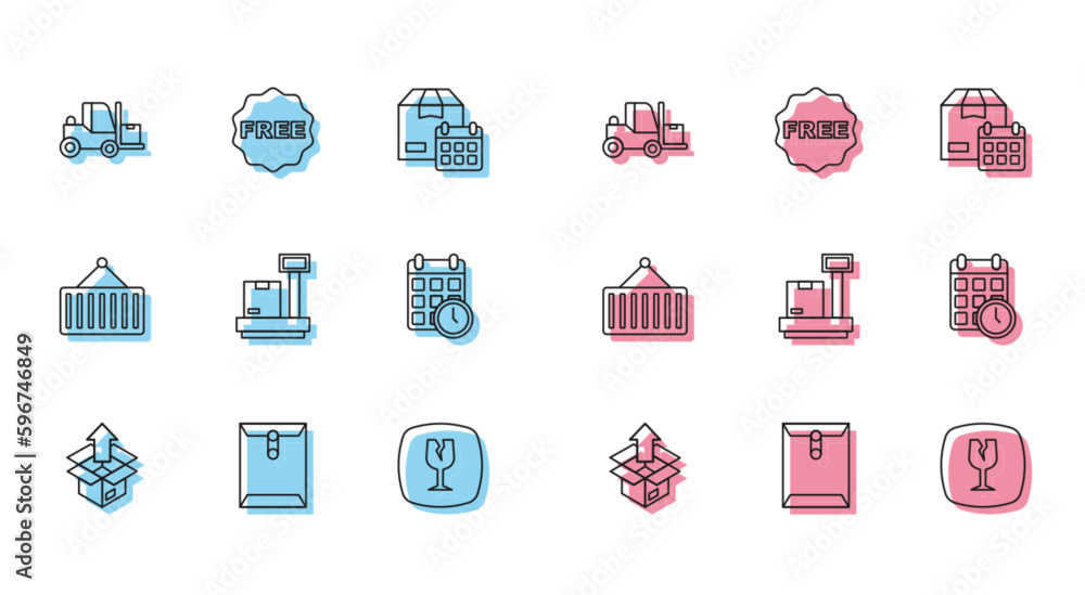 Set line Unboxing, Envelope, Forklift truck, Fragile broken glass, Scale with cardboard ...