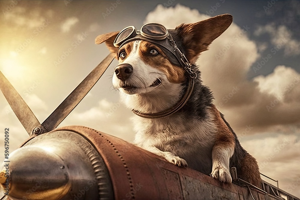 pilot dog taking off in vintage plane, with its nose pointed toward the ...