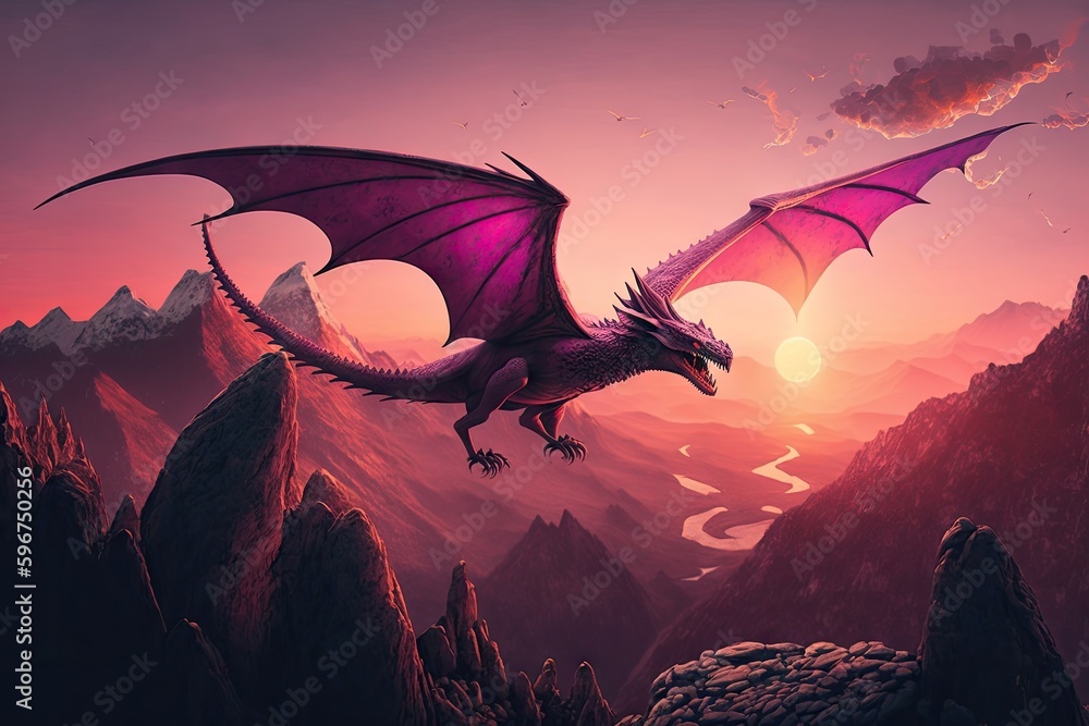 pink dragon flying over mountain range, with view of the sun setting ...