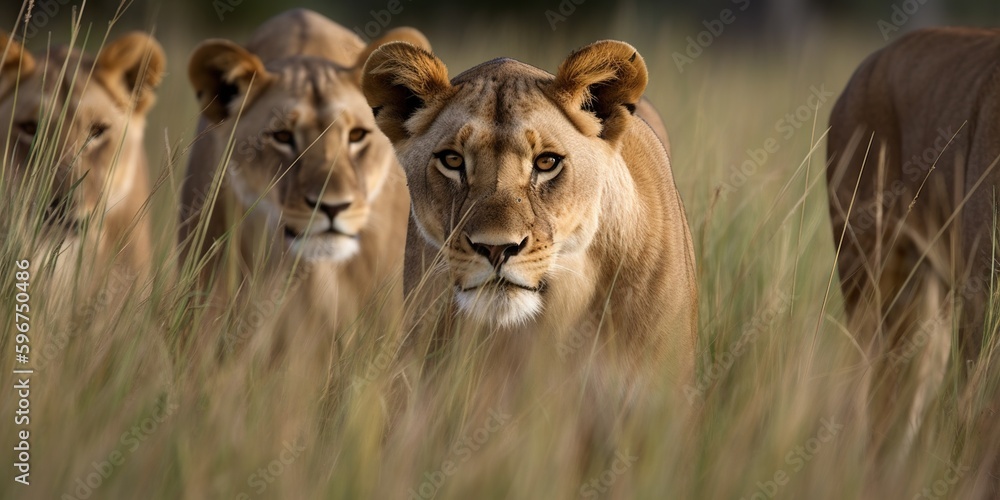A pride of lions stalking their prey through the tall grass, concept of ...