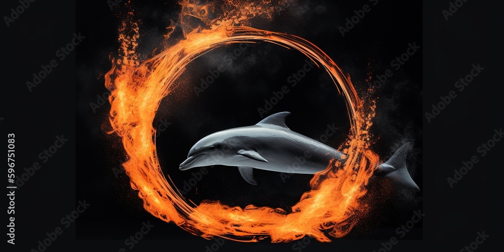 A dolphin gracefully leaping through a hoop of fire, contrasting its ...